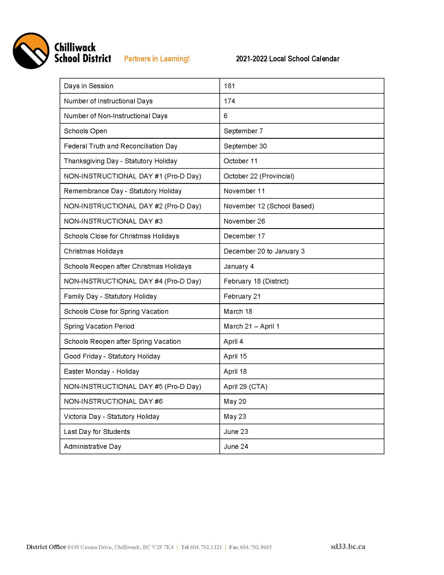 School Calendar 2021/2022 | Chilliwack School District #33